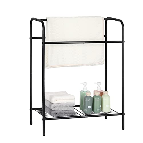 Freestanding Towel Racks, 3 Tier Metal Towel Rack Stand with Storage Shelf, Stainless Steel Blanket Ladder Holder Rack for Living Room, Bathroom, Laundry Room, Black