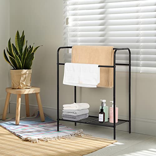 Freestanding Towel Racks, 3 Tier Metal Towel Rack Stand with Storage Shelf, Stainless Steel Blanket Ladder Holder Rack for Living Room, Bathroom, Laundry Room, Black