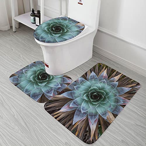 Habilboi 3 Pieces Bathroom Mat Bath Mat Set Blue Plant 20x32inch Non-Slip Bathroom Decor Doormat Runner Rugs,U-Shaped Toilet Floor Mats,Toilet Seat Cover