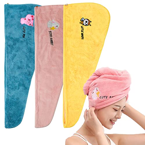 ROMASA Hair Drying Towel Microfiber Hair Towel Wrap with Buttons Super Absorbent Twist Turban Shower Gift for Kids and Women (3PCS-Standard Thickness)