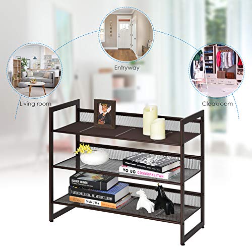 Tangkula 3-Tier Metal Shoe Rack, Stackable Flat & Slant Adjustable Shoe Storage Stand, Space Saving Shoes Shelf, Freestanding Shoes Rack Organizer for Entryway, Hallway