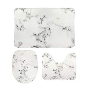 apular fashion 3 piece bath rugs set white marble pattern printed non slip ultra soft bathroom mats, u shape mat and toilet lid cover mat bath mats