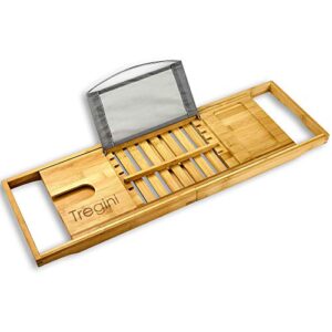 luxury bathtub tray caddy - adjustable bamboo wood bath caddy with extendable book, ipad or kindle reading rack - wine glass holder - cellphone or tablet slot