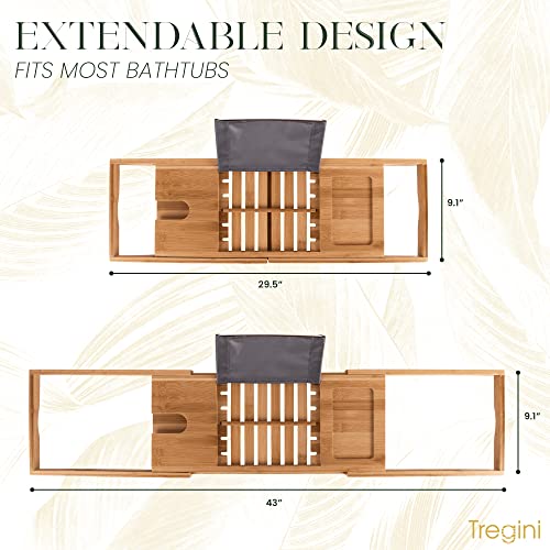 Luxury Bathtub Tray Caddy - Adjustable Bamboo Wood Bath Caddy with Extendable Book, iPad or Kindle Reading Rack - Wine Glass Holder - Cellphone or Tablet Slot