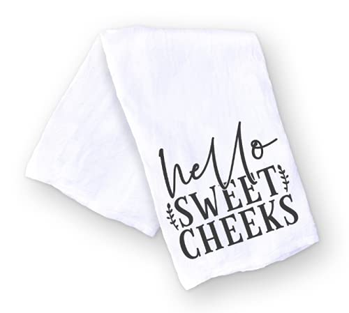 Handmade Funny Kitchen Towel - Hello Sweet Cheeks - 100% Cotton Funny Hand Towel for Bathroom - 28x28 Inch Perfect for Housewarming-Christmas-Mothers’ Day-Birthday Gift