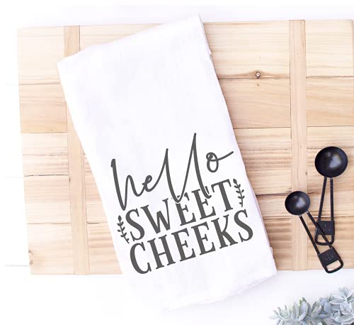 Handmade Funny Kitchen Towel - Hello Sweet Cheeks - 100% Cotton Funny Hand Towel for Bathroom - 28x28 Inch Perfect for Housewarming-Christmas-Mothers’ Day-Birthday Gift