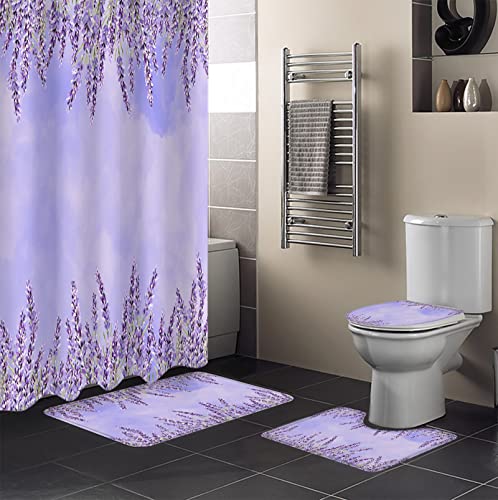 4 Pcs Shower Curtain Set with 12 Hooks Flower Spring Painting Style Lavender Purple Bathroom Sets with Non-Slip Bath Mat Toilet Lid Cover Waterproof Durable Shower Curtain and Rugs