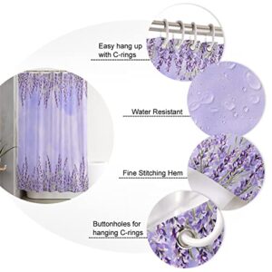 4 Pcs Shower Curtain Set with 12 Hooks Flower Spring Painting Style Lavender Purple Bathroom Sets with Non-Slip Bath Mat Toilet Lid Cover Waterproof Durable Shower Curtain and Rugs