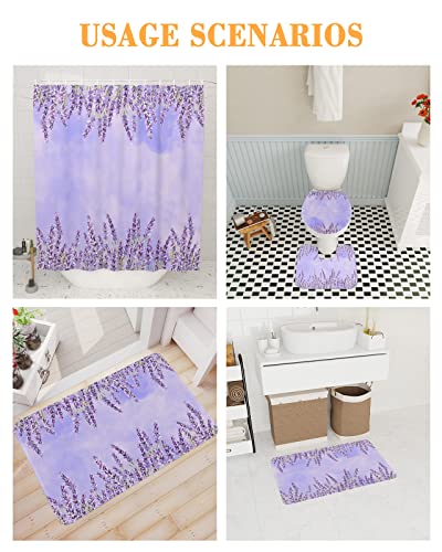 4 Pcs Shower Curtain Set with 12 Hooks Flower Spring Painting Style Lavender Purple Bathroom Sets with Non-Slip Bath Mat Toilet Lid Cover Waterproof Durable Shower Curtain and Rugs