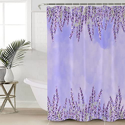 4 Pcs Shower Curtain Set with 12 Hooks Flower Spring Painting Style Lavender Purple Bathroom Sets with Non-Slip Bath Mat Toilet Lid Cover Waterproof Durable Shower Curtain and Rugs