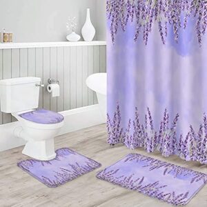 4 Pcs Shower Curtain Set with 12 Hooks Flower Spring Painting Style Lavender Purple Bathroom Sets with Non-Slip Bath Mat Toilet Lid Cover Waterproof Durable Shower Curtain and Rugs