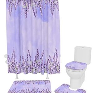 4 Pcs Shower Curtain Set with 12 Hooks Flower Spring Painting Style Lavender Purple Bathroom Sets with Non-Slip Bath Mat Toilet Lid Cover Waterproof Durable Shower Curtain and Rugs