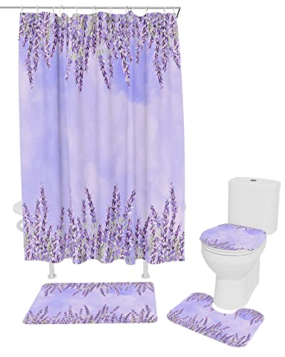 4 Pcs Shower Curtain Set with 12 Hooks Flower Spring Painting Style Lavender Purple Bathroom Sets with Non-Slip Bath Mat Toilet Lid Cover Waterproof Durable Shower Curtain and Rugs