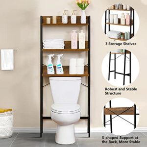 usikey Over The Toilet Storage Rack, 3-Tier Bathroom Shelf Over The Toilet, Multifunctional Toilet Storage Rack, Freestanding Above Toilet Stand with Metal Frame for Bathroom, Rustic Brown & Black