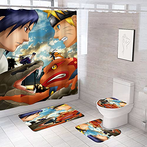 4 Piece Cool Anime Shower Curtain Sets with Non-Slip Rugs, Toilet Lid Cover, Bath Mat and 12 Hooks, Bathroom Decor Set Accessories Waterproof Shower Curtains