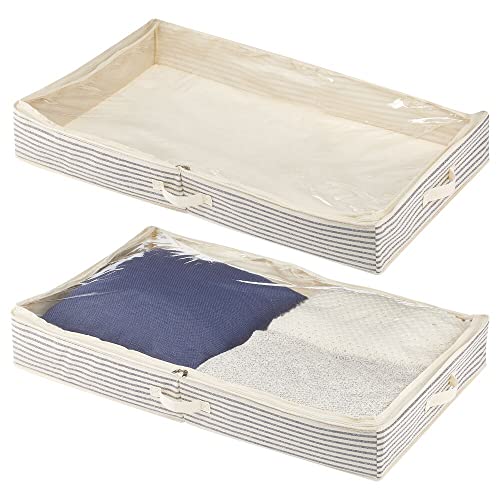 mDesign Soft Fabric Under Bed Storage Organizer Holder Bag for Clothing, Accessories, Linen - Easy-View Top Panel, Attached 2-Way Zippered Lid, Side Handles - 2 Pack - Natural/Cobalt Blue