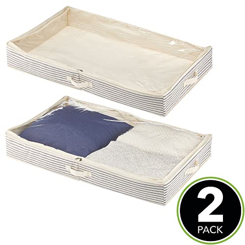 mDesign Soft Fabric Under Bed Storage Organizer Holder Bag for Clothing, Accessories, Linen - Easy-View Top Panel, Attached 2-Way Zippered Lid, Side Handles - 2 Pack - Natural/Cobalt Blue