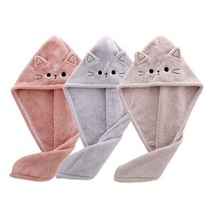 battilo pty funny cute cat microfiber hair towel wrap for kids,3 packs hair drying towels rapid dry hair turban twist hair towel for women girls kids curly long hair(cat)