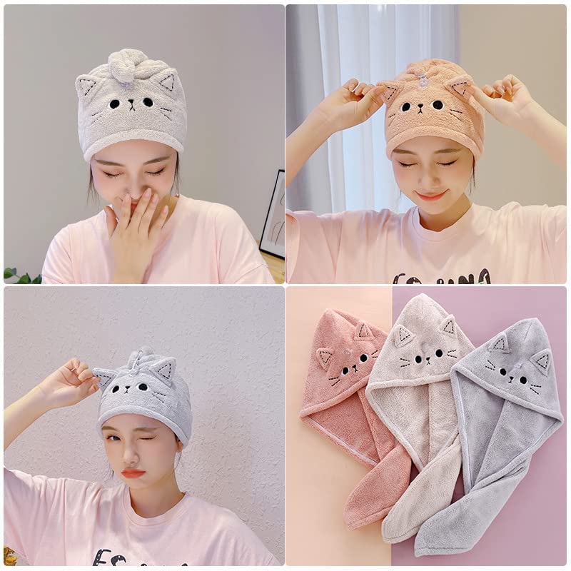 BATTILO PTY Funny Cute Cat Microfiber Hair Towel Wrap for Kids,3 Packs Hair Drying Towels Rapid Dry Hair Turban Twist Hair Towel for Women Girls Kids Curly Long Hair(Cat)