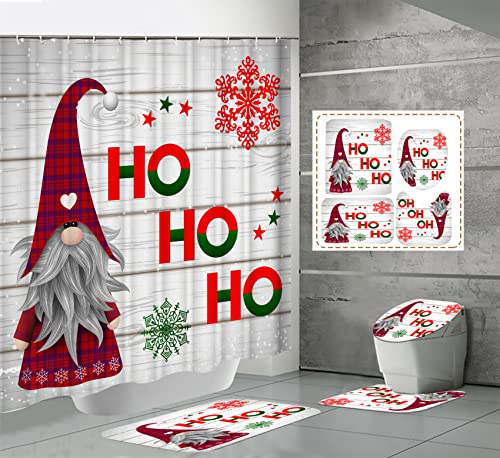 Christmas Bathroom Sets with Shower Curtain and Rugs, Christmas Gnome Shower Curtains Bathroom Set, Merry Christmas Theme Bathroom Decor (Gnome)