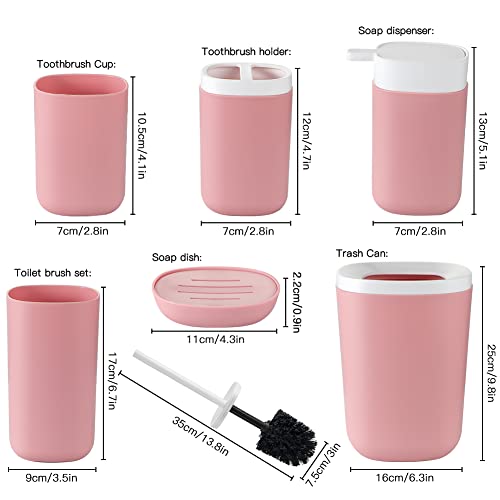 Otostar 6 Piece Bathroom Accessory Set Plastic Bath Accessories Bathroom Gifts Set with Soap Dispenser Toothbrush Holder Tumbler Soap Dish Toilet Brush Holder Trash Can Decor Countertop (Light Pink )