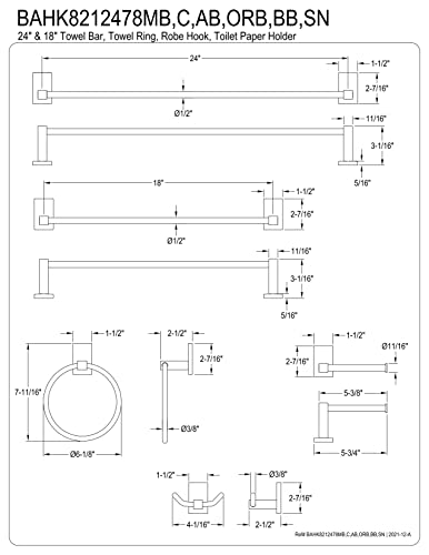 Kingston Brass BAHK8212478ORB Continental Bathroom Hardware Set, 24" Length, Oil Rubbed Bronze