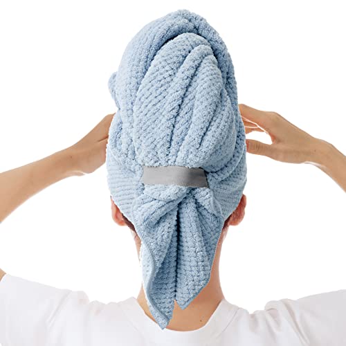 BYCOO Large Microfiber Hair Towel Wrap for Women, Anti Frizz Hair Drying Towel with Elastic Strap, Fast Dry | Super Absorbent | Quick Dry Hair Turban for Wet, Curly, Long & Thick Hair -Blue