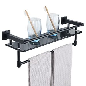 alise bathroom shelves glass shelf with bar,wall mount floating shelves for bathroom,1 tier tempered glass rack holder storage organizer,sus 304 stainless steel rack,matte black