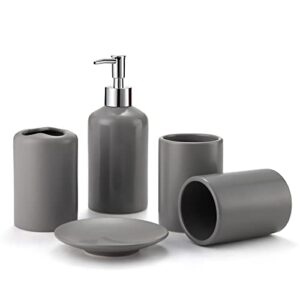 ceramic bathroom accessories set 5 pieces, grey bathroom accessory set complete, lotion dispenser toothbrush holder 2 tumblers soap dish classic grey matte for bath countertop organizer decor, saiure