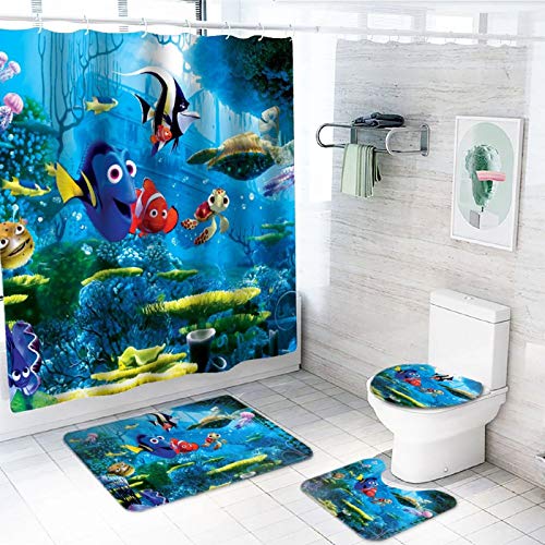 GEHIYPA Four-Piece Bathroom Shower Curtain Non-Slip Bath mat, Including Square Non-Slip Floor mat, U-Shaped mat, Toilet lid Cover mat, and a Shower Curtain(4-Piece Set)