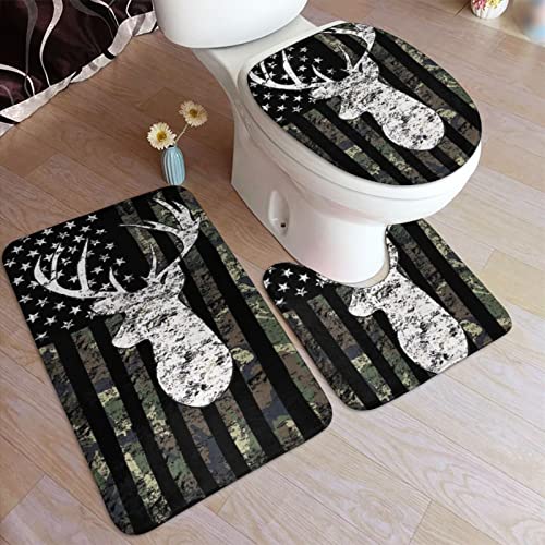 Camouflage Deer American Flag Hunting Bathroom Carpet Floor Mat 3-Piece Set, Washable Bathroom Floor Mat/U-Shaped Toilet Mat/O-Shaped Toilet Lid Cover, with Solid Rubber Backing