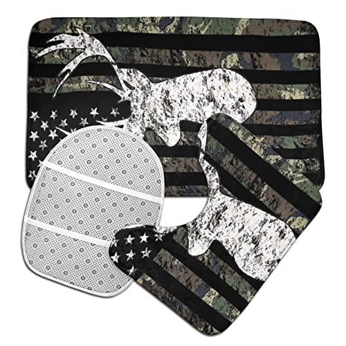 Camouflage Deer American Flag Hunting Bathroom Carpet Floor Mat 3-Piece Set, Washable Bathroom Floor Mat/U-Shaped Toilet Mat/O-Shaped Toilet Lid Cover, with Solid Rubber Backing