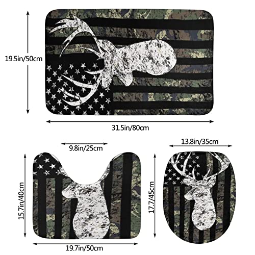 Camouflage Deer American Flag Hunting Bathroom Carpet Floor Mat 3-Piece Set, Washable Bathroom Floor Mat/U-Shaped Toilet Mat/O-Shaped Toilet Lid Cover, with Solid Rubber Backing