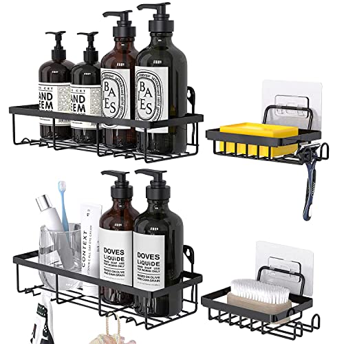 4 Pack Shower Caddy Basket Shelf with Soap Holder, No Drilling Traceless Adhesive Shower Wall Shelves, Rustproof Black Bathroom Shower Storage Organizer (Matte Black)