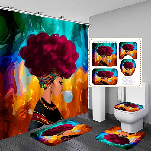 Classic African American Shower Curtains for Bathroom, 4PCS Bathroom Sets Include 1 Fabric Shower Curtain, 2 Non-Slip Bathroom Rugs and 1 Toilet Lid Cover, Black Girl Bathroom Decor (Red)