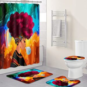 Classic African American Shower Curtains for Bathroom, 4PCS Bathroom Sets Include 1 Fabric Shower Curtain, 2 Non-Slip Bathroom Rugs and 1 Toilet Lid Cover, Black Girl Bathroom Decor (Red)