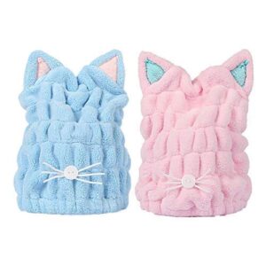 orangetag 2pcs ultra absorbent hair quick drying towel microfiber hair dry wrap turban cute kitty ears cap bath tool hat for women girls