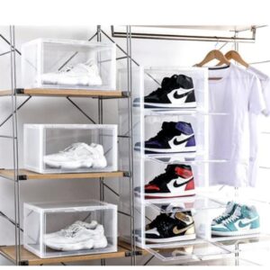 KZK KrazeKickz Storage Shoe Box, Toy/Collector Storage, Clear Plastic Stackable Shoe Organizer for Closet, Space Saving Foldable Shoe Sneaker Containers Bins Holders (Shoe Box White)