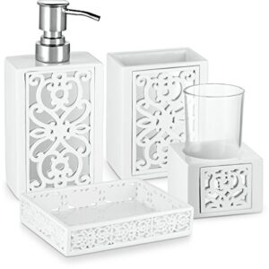 Creative Scents White Bathroom Accessories Set - Decorative 4 Piece Bathroom Set - Mirrored Bathroom Accessory Set Includes: Soap Dispenser, Toothbrush Holder, Soap Dish and Tumbler (Mirror Janette)