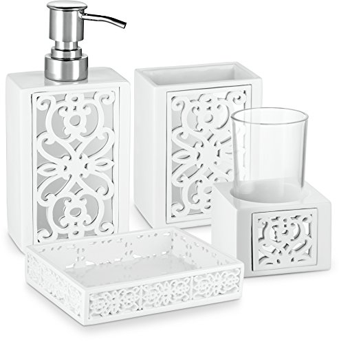 Creative Scents White Bathroom Accessories Set - Decorative 4 Piece Bathroom Set - Mirrored Bathroom Accessory Set Includes: Soap Dispenser, Toothbrush Holder, Soap Dish and Tumbler (Mirror Janette)