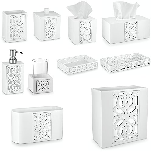 Creative Scents White Bathroom Accessories Set - Decorative 4 Piece Bathroom Set - Mirrored Bathroom Accessory Set Includes: Soap Dispenser, Toothbrush Holder, Soap Dish and Tumbler (Mirror Janette)