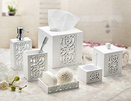 Creative Scents White Bathroom Accessories Set - Decorative 4 Piece Bathroom Set - Mirrored Bathroom Accessory Set Includes: Soap Dispenser, Toothbrush Holder, Soap Dish and Tumbler (Mirror Janette)