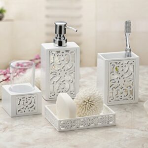 Creative Scents White Bathroom Accessories Set - Decorative 4 Piece Bathroom Set - Mirrored Bathroom Accessory Set Includes: Soap Dispenser, Toothbrush Holder, Soap Dish and Tumbler (Mirror Janette)