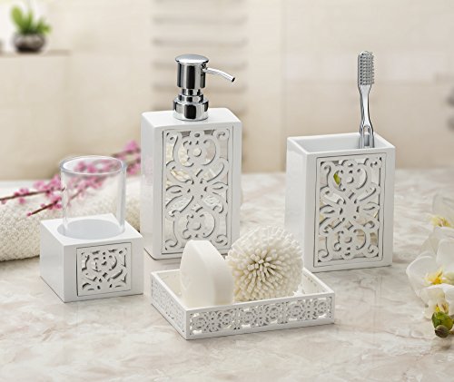 Creative Scents White Bathroom Accessories Set - Decorative 4 Piece Bathroom Set - Mirrored Bathroom Accessory Set Includes: Soap Dispenser, Toothbrush Holder, Soap Dish and Tumbler (Mirror Janette)