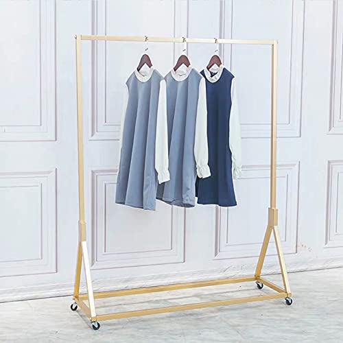 WFDERAN Modern Simple Heavy Duty Metal Rolling Clothing Garment Rack with Wheel,Creative Commercial Wedding Dress Display Shelf,Single Rod Floor-Standing Clothes Hangers (Gold without Wood, 47.2" L)