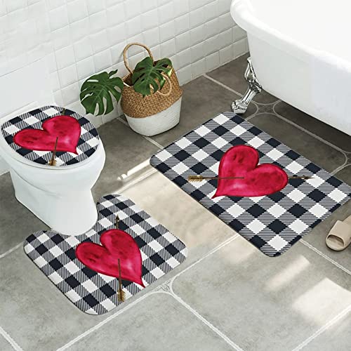 Gulidi Valentines Love 3 Piece Bath Mat Sets, Sweet Doughnut I Love You Saying Words Bathroom Mats Set for Valentine's Day Decor Absorbent U-Shaped Contour Toilet Mat, Toilet Lid Cover, Large