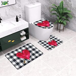 Gulidi Valentines Love 3 Piece Bath Mat Sets, Sweet Doughnut I Love You Saying Words Bathroom Mats Set for Valentine's Day Decor Absorbent U-Shaped Contour Toilet Mat, Toilet Lid Cover, Large