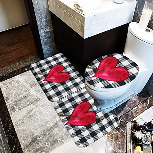 Gulidi Valentines Love 3 Piece Bath Mat Sets, Sweet Doughnut I Love You Saying Words Bathroom Mats Set for Valentine's Day Decor Absorbent U-Shaped Contour Toilet Mat, Toilet Lid Cover, Large