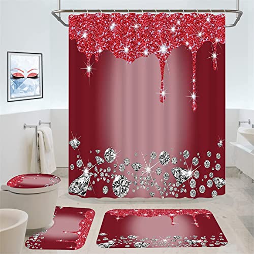 4PCS Bling Diamond Shower Curtain Set with Non-Slip Rugs Toilet Lid Cover and Bath Mat Shower Curtain with 12 Hooks Bathroom Sets with Shower Curtain and Rugs and Accessories