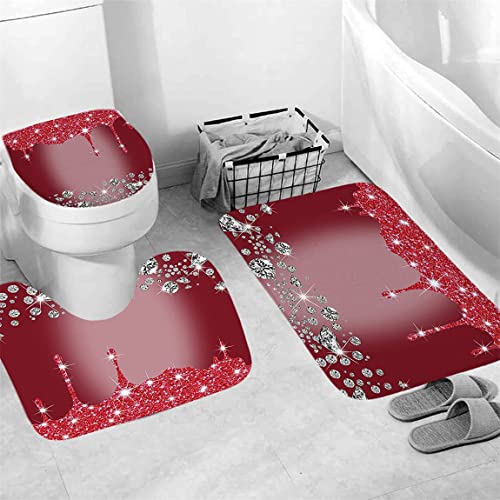 4PCS Bling Diamond Shower Curtain Set with Non-Slip Rugs Toilet Lid Cover and Bath Mat Shower Curtain with 12 Hooks Bathroom Sets with Shower Curtain and Rugs and Accessories